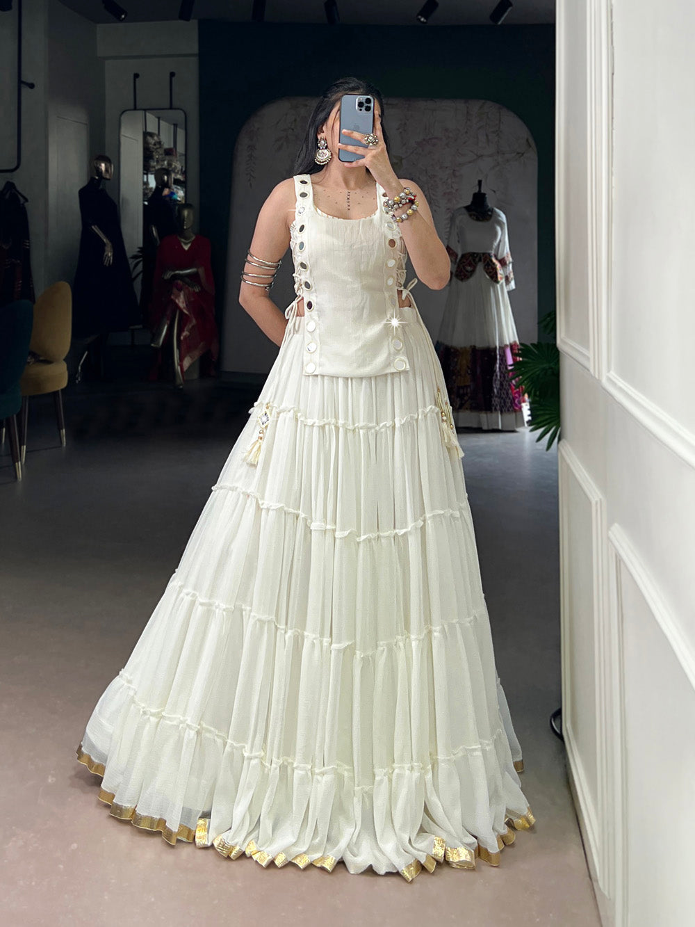 White Color Embossed Design Lace Border Marbel Chaniya Choli ...