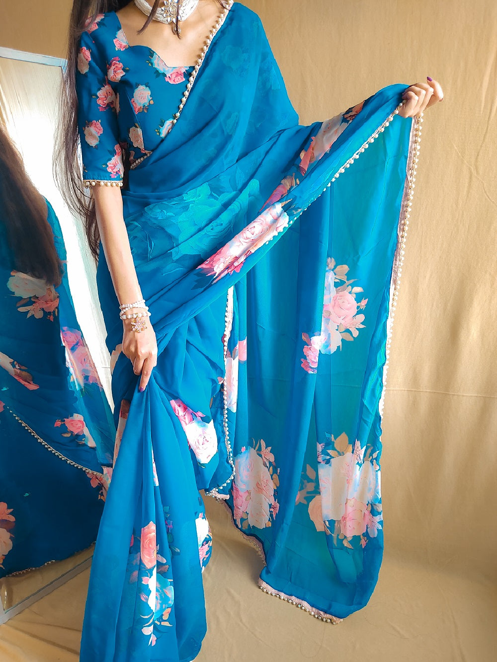 Firozi Color Printed With Peral Lace Border Georgette Stylist Saree ...