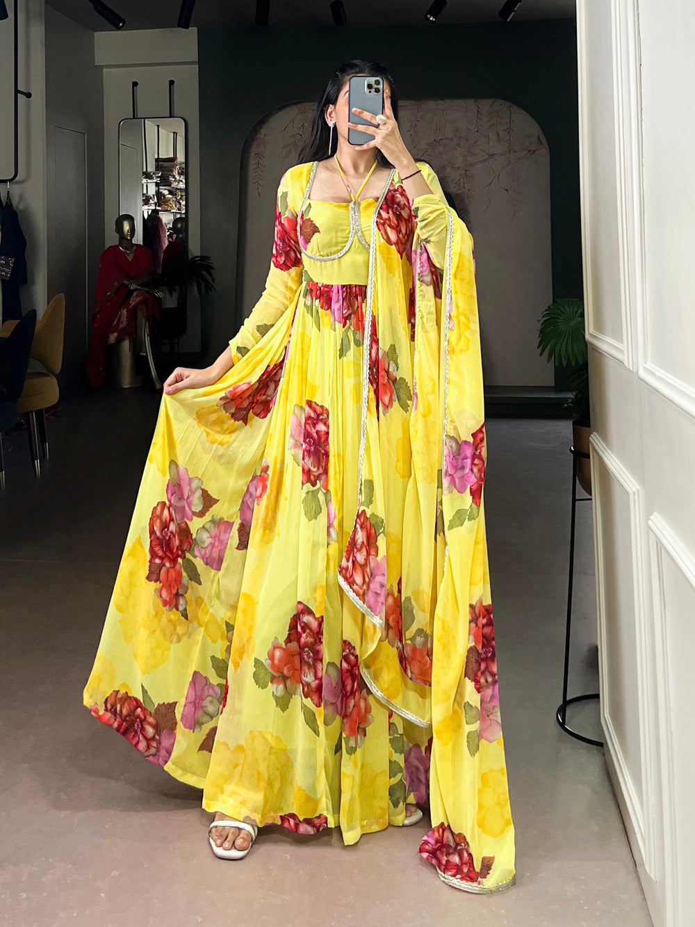 Yellow Color Floral Print With Lace Border Chiffon Gown – Looknbook Art