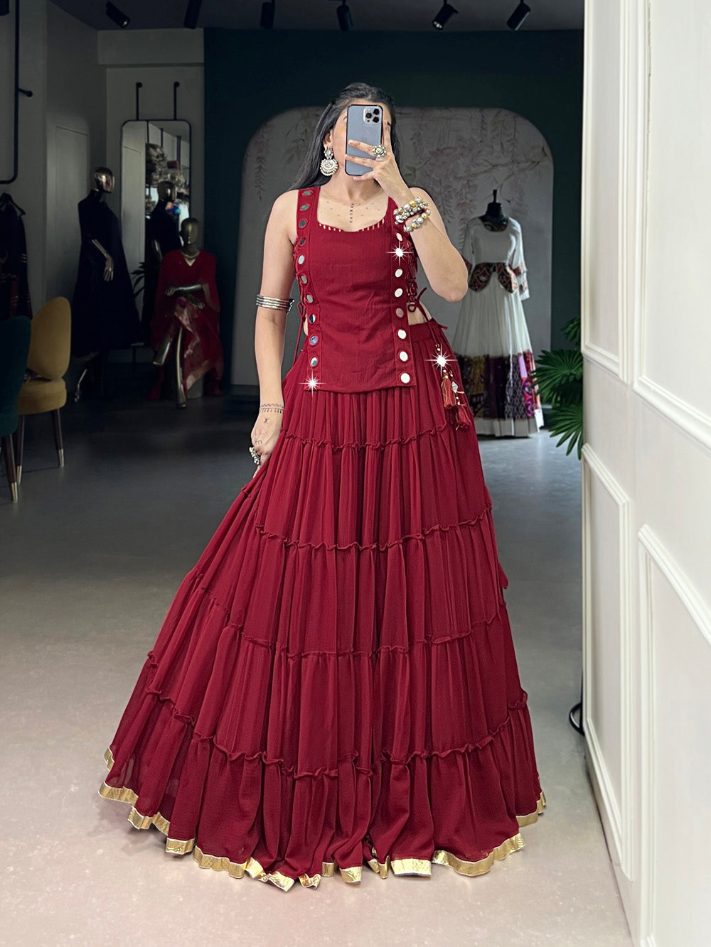 Red Color Embossed Design Lace Border Marbel Chaniya Choli – Looknbook Art