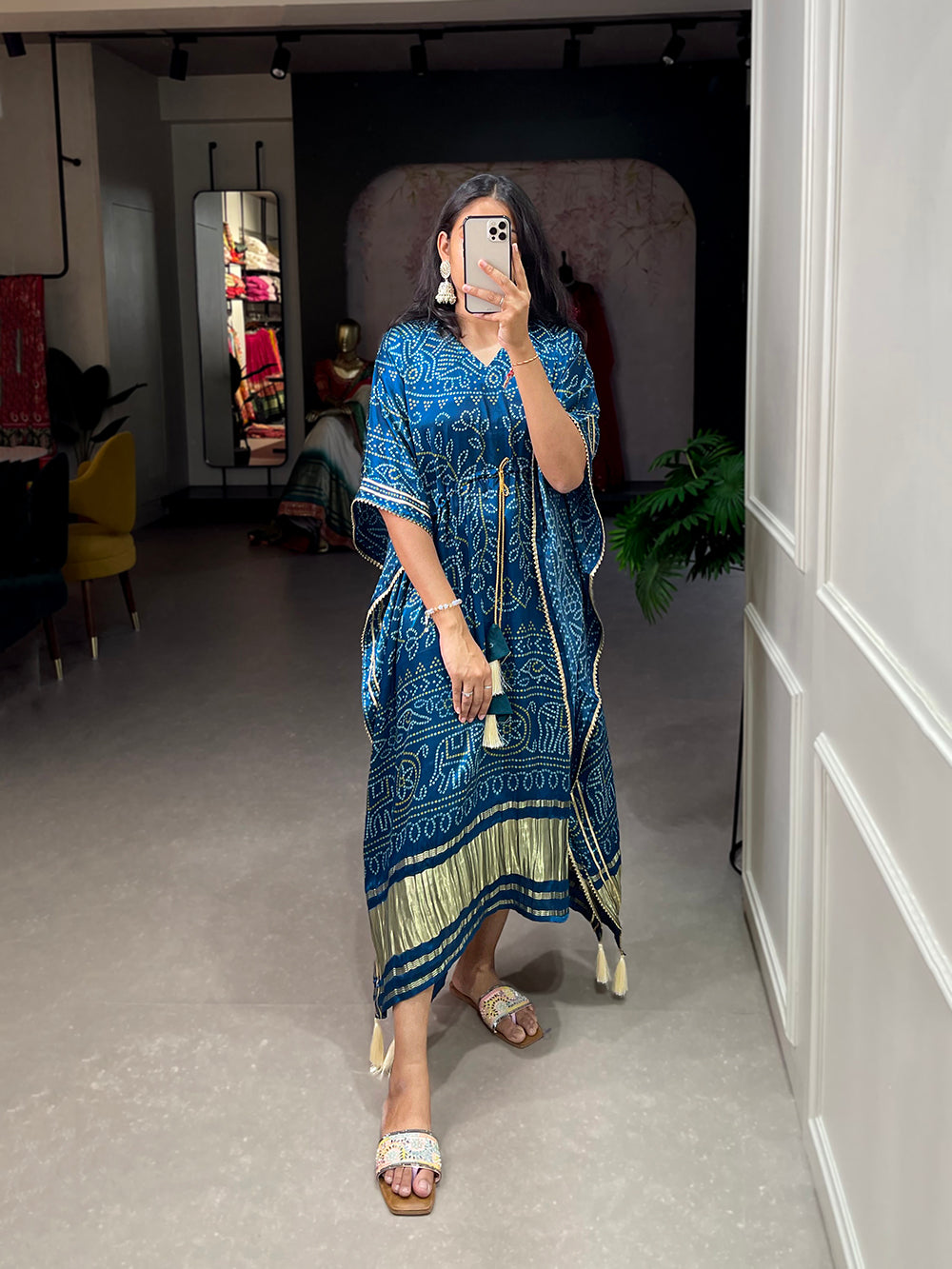 Navy Blue Color Bandhej Print With Gotta Patti Lace Border Gaji Silk K ...