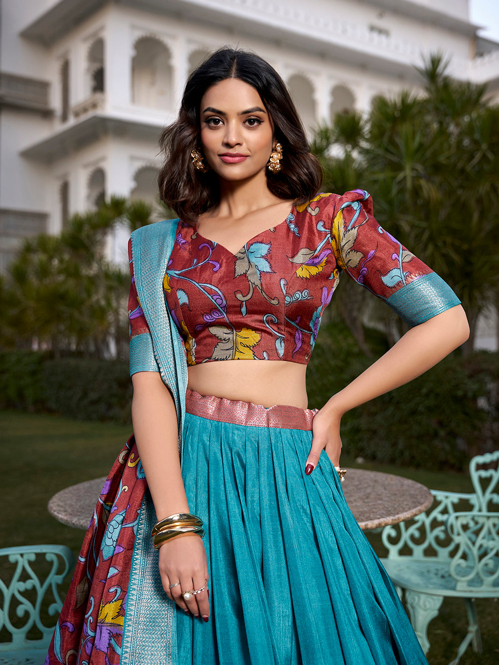 Firozi Color Printed (Kalamkari) With Zari Weaving Border Dola Silk Le ...