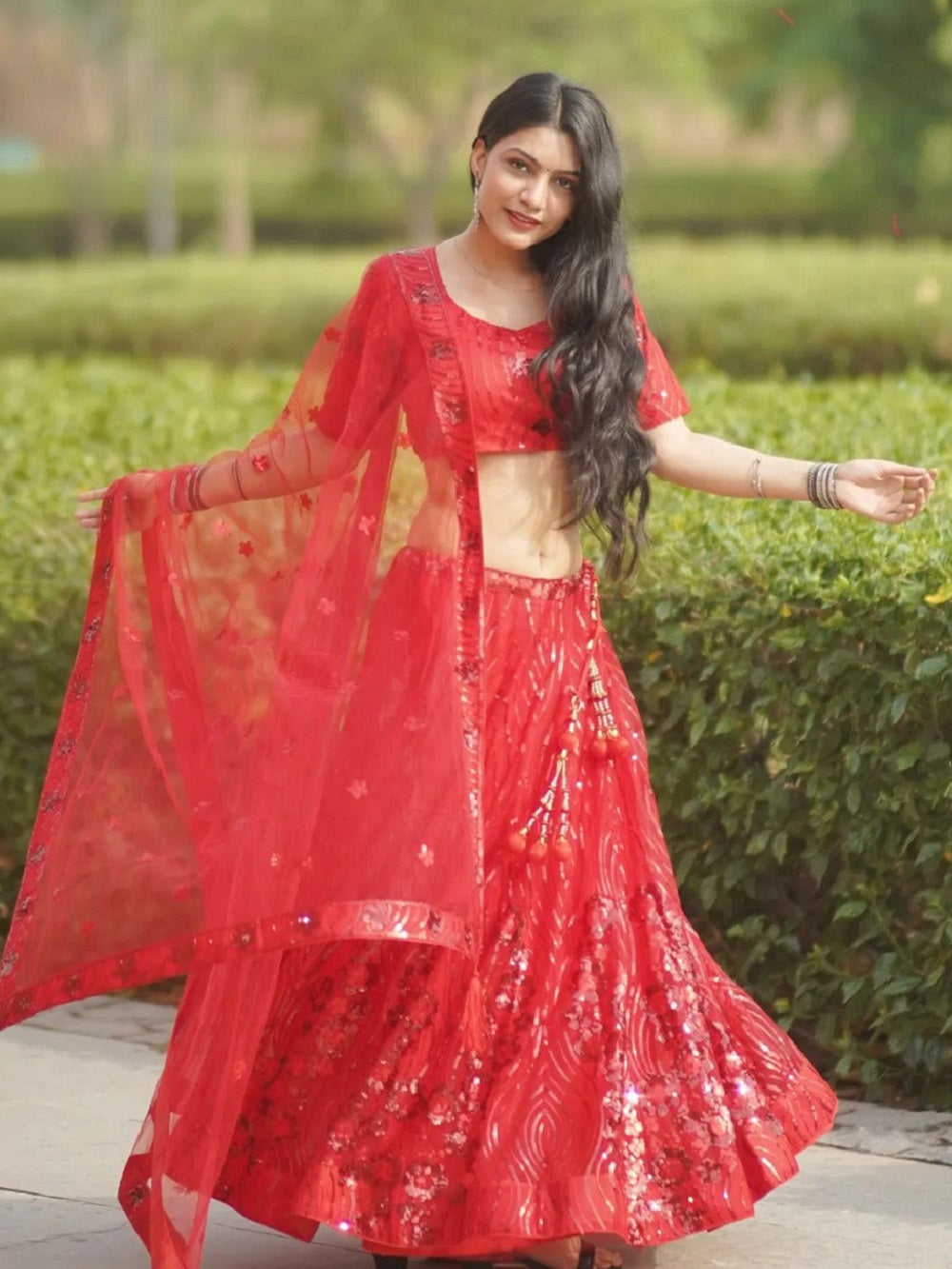 Red Color Thread And Sequins Embroidery Work Net Lehenga Choli Set ...