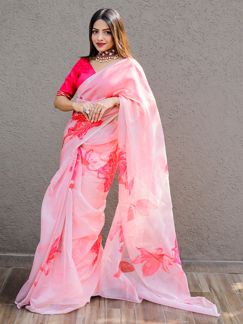 New Baby Pink Color Foil Printed Organza Saree – Looknbook Art